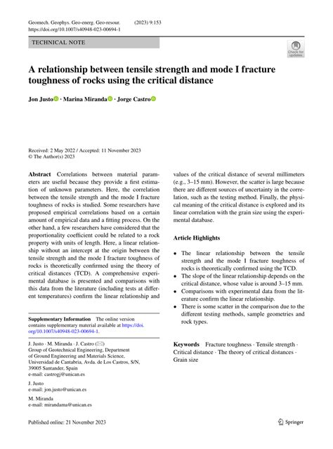 Pdf A Relationship Between Tensile Strength And Mode I Fracture Toughness Of Rocks Using The