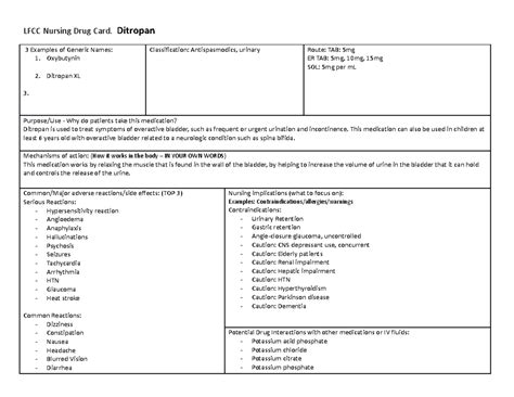 Lfcc Nursing Drug Card Ditropan Oxybutynin Overview And Implications