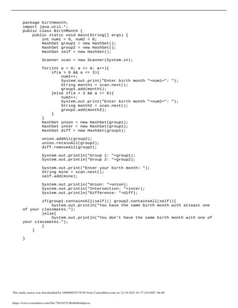 Java Birth Month HashSet Code
