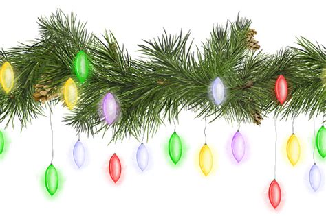 소나무 가지와 겨울 휴가 수채화 디지털 일러스트레이션 흰색 배경에 고립 된 빛나는 여러 가지 빛깔의 등불의 크리스마스 화환 완벽 한 테두리 새해 조명 0명에 대한 스톡 벡터