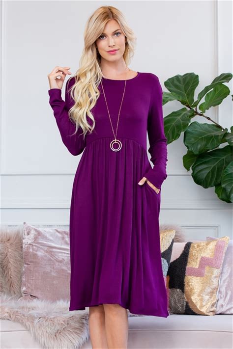S12 2 3 VD 7010 DKPLM 1 VISCOSE LONG SLEEVE ROUND NECK DRESS DARK
