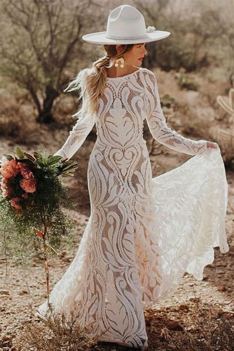 Gallery Backless Boho Wedding Dress With Long Sleeves Deer Pearl Flowers 2023