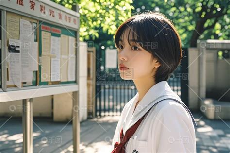 初中生ai数字艺术 青少年入学报到一位初中生在公告栏前查看通知树荫下的校门旁教育人像 Ai人像免费下载png格式4096像素编号71178373 千图网
