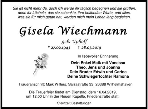 Traueranzeigen Von Gisela Wiechmann Nordwest Trauer De