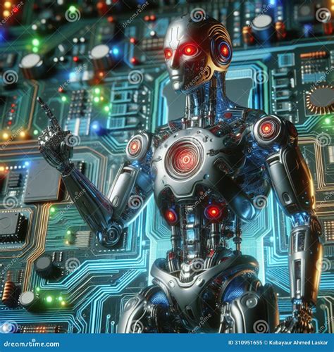 Digital Electric Circuit Board With Robot Stock Illustration