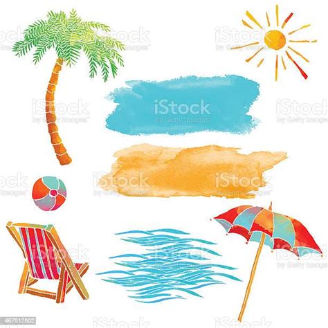 워터컬러 여름 해변 설정 수채화에 대한 스톡 벡터 아트 및 기타 이미지 수채화 해변 여름 Istock