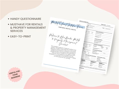 Real Estate Tenant Questionnaire Tenant Intake Form Client Consultation Form Tenancy