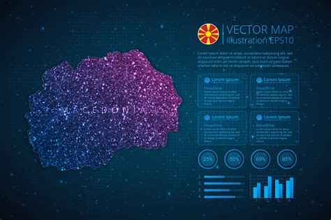 북마케도니아 지도 인포그래픽 템플릿은 다이어그램 그래프 프리젠테이션 및 파란색 배경에 추상적인 기하학적 메쉬 다각형 조명 개념이 있는 차트입니다 0명에 대한 스톡 벡터 아트