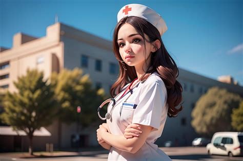 Premium Ai Image A Nurse In A Uniform Stands In Front Of A Building
