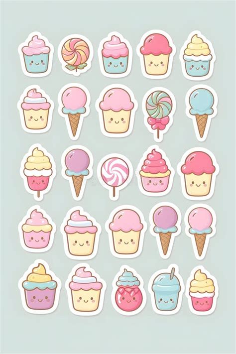 Cute And Sweet Themed Cartoon Dessert Stickers Adorable Characters In Vibrant Pastels Stock