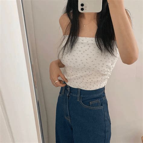 셔링 플라워꽃 와플크로 탱크탑 에이블리