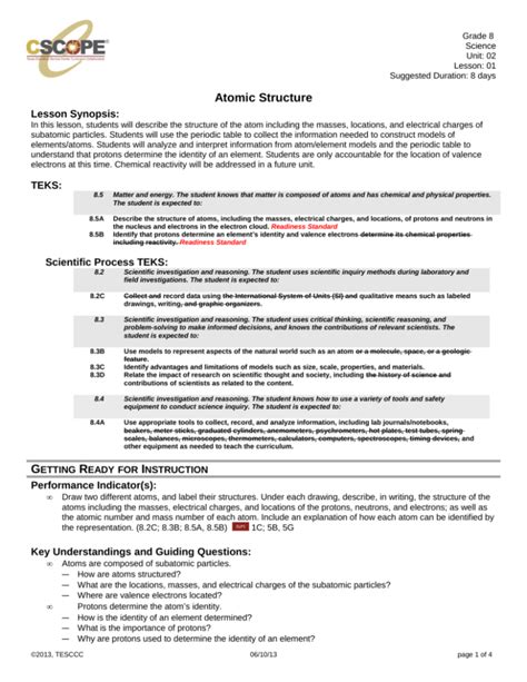 Atomic Structure Lesson Plan Grade 8 Science