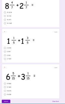 Add Mixed Numbers With Same Denominator Standards Based Google Form Quiz