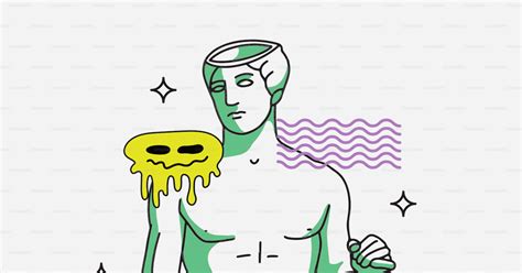 뱃속에 구멍이 뚫린 화려한 그리스 고대 조각품과 녹는 이모티콘 추상적인 장식이 있는 사이키델릭한 초현실적 콜라주 트렌디한