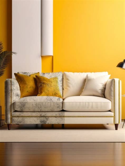 Sofa Before And After Dry Cleaning In Room On Yellow Background