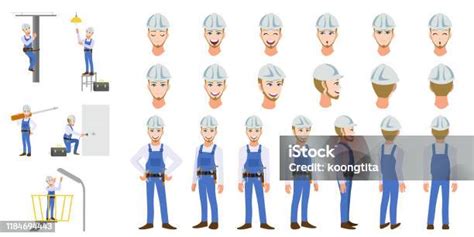 電工技術員工人卡通人物頭像和動畫前側面後34視圖動畫字元平面向量插圖向量圖形及更多人圖片 人 人的頭部 人體部分 Istock