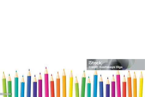 수평 패턴입니다 흰색 바탕에 메모 텍스트에 대 한 복사 공간을 가진 고립 된 색연필의 집합입니다 무지개 색입니다 밝은 인쇄 개념에 대한 스톡 벡터 아트 및 기타 이미지