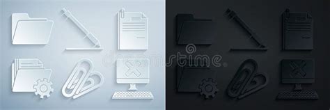 Set Paper Clip File Document And Paper Folder Settings With Gears Computer Keyboard X Mark