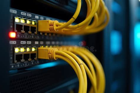 Yellow Ethernet Cables Connected To A Network Switch In A Data Center