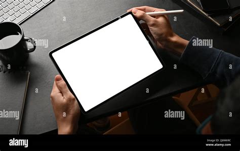 Top View Close Up A Male Graphic Designer Using His Modern Digital Tablet Touchpad At His