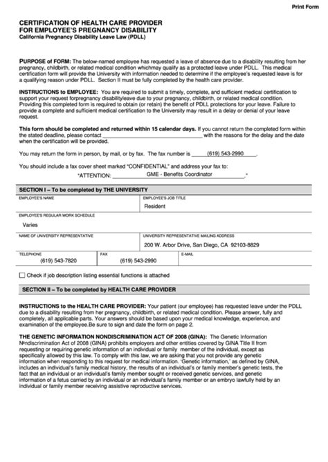 Fillable Certification Of Health Care Provider For Employee S Pregnancy