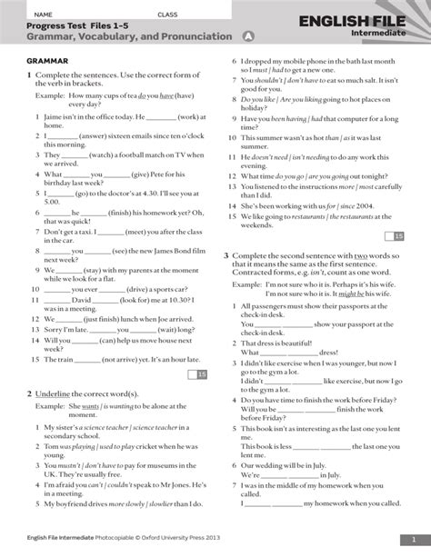 English Intermediate Progress Test Grammar Vocab Pronunciation