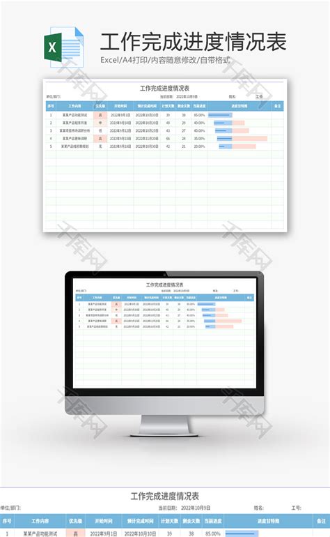 工作完成进度情况表excel模板千库网excelid：179279