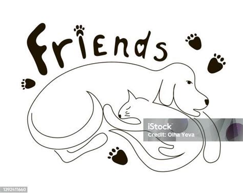 개와 고양이의 우정에 대한 그림 개와 고양이는 거짓말을하고 서로 포옹합니다 비문 친구가 있습니다 한 줄 그림 흰색 배경에 고립된 벡터 일러스트 레이 션 개에 대한 스톡 벡터