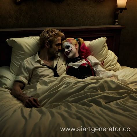 John Constantine And Harley Quinn Embrace On Love Bed Ai Art Generator