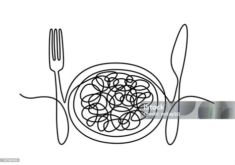 포크와 나이프로 맛있는 스파게티의 단일 연속 선 그리기 이탈리아 파스타 국수 레스토랑 개념 손 그리기 라인 아트 디자인 벡터 일러스트 레이 션 카페 상점 또는 음식 배달