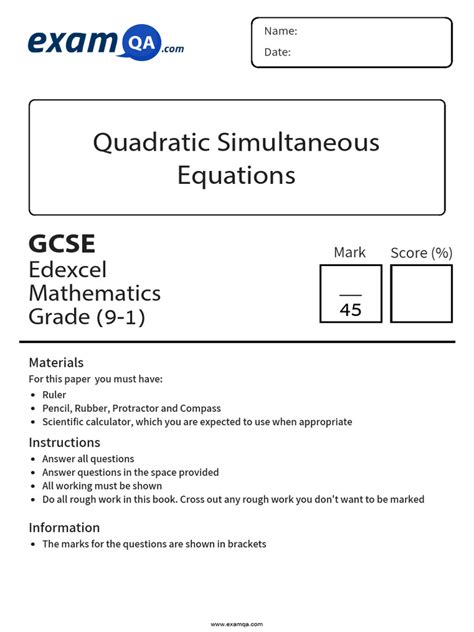 Gcse Quadratic Simultaneous Equations Solutions Pdf Mathematics Equations