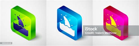 회색 배경에 고립 된 바다 파도 아이콘에 등색 상어 지느러미 정사각형 버튼입니다 벡터 3차원 형태에 대한 스톡 벡터 아트 및