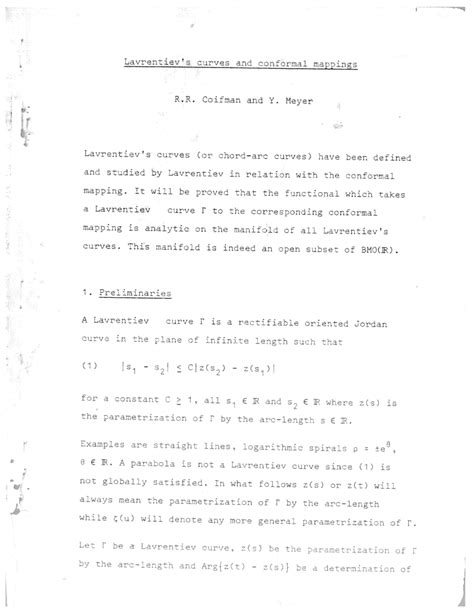 Pdf Lavrentiev Curves And Conformal Mappings R Coifman Y Meyer