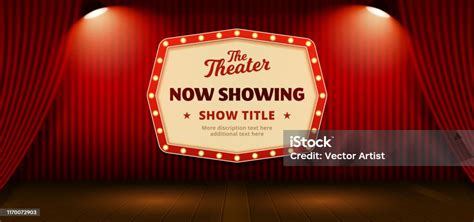 지금 복고풍 클래식 간판 배경 디자인을 보여주는 빨간 극장 무대 커튼 배경 나무 바닥 베이스와 이중 밝은 스포트라이트 램프 벡터 일러스트 포스터 배너 템플릿 영화포스터에