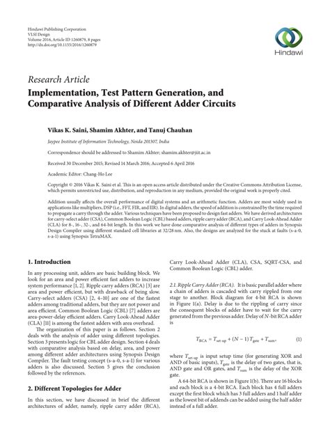 Pdf Implementation Test Pattern Generation And Comparative Analysis Of Different Adder Circuits