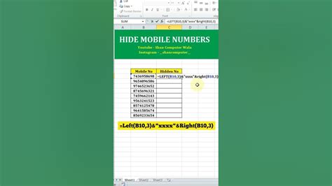 Excel Formula Hacks Hide Mobile Numbers In Excel Shorts Excel Youtube