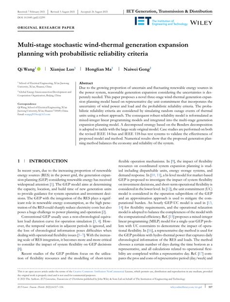 Pdf Multi‐stage Stochastic Wind‐thermal Generation Expansion Planning