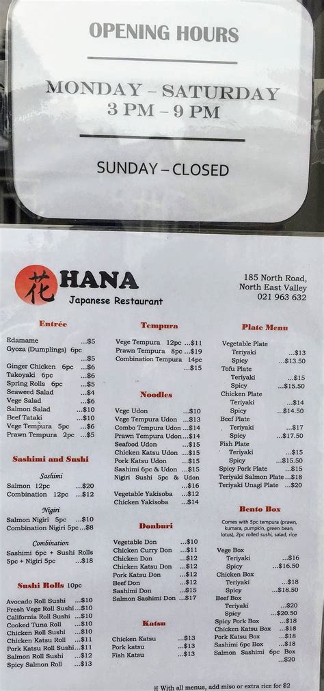 Menu At Hana Japanese Restaurant Dunedin