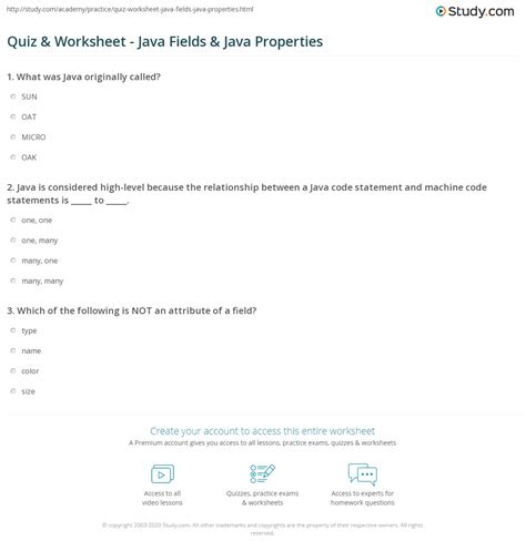 Quiz Worksheet Java Fields Java Properties Study