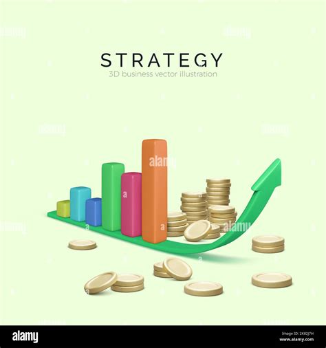 3D Chart Bar On Rising Arrow With Stacks Of Gold Coins Statistics And