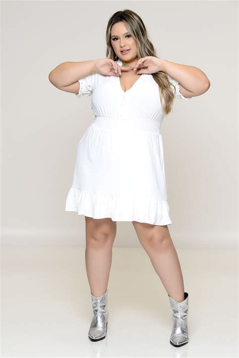 Vestido Plus Size Curto Com Lastex Branco Vk Moda Plus Size