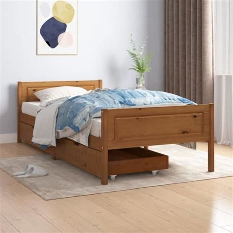 Cadre De Lit Avec 2 Tiroirs Marron Miel Pin Massif 90x200 Cm S2253