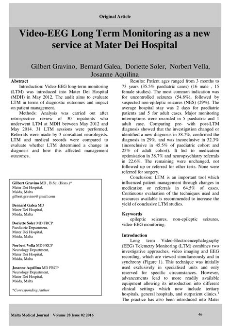 Pdf Video Eeg Long Term Monitoring As A New Service At Mater Dei Hospital