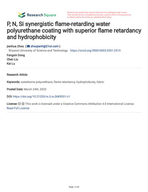 Pdf P N Si Synergistic Flame Retarding Water Polyurethane Coating With Superior Flame