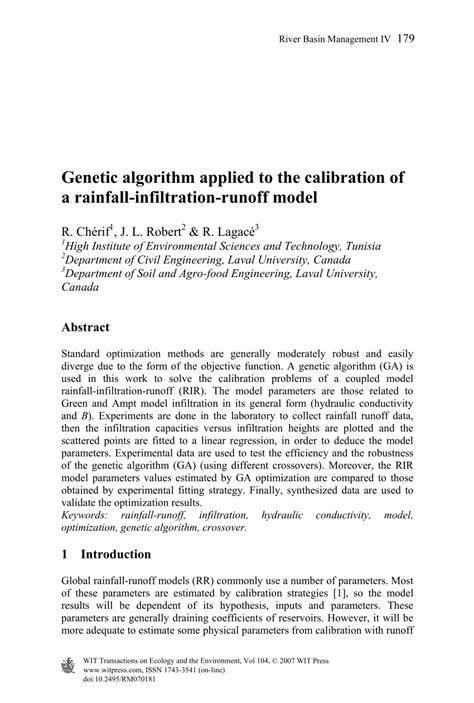 Pdf Genetic Algorithm Applied To The Calibration Of A Rainfall Infiltration Runoff Model