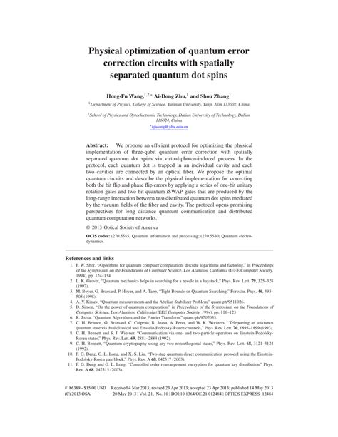 Pdf Physical Optimization Of Quantum Error Correction Circuits With