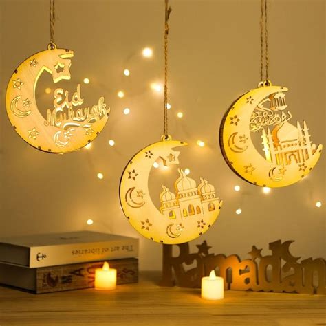 โคมไฟเทียนไขไม้ Led Eid Mubarak ดวงจันทร์โคมไฟแขวนเพดานรอมฎอนมูบารัก
