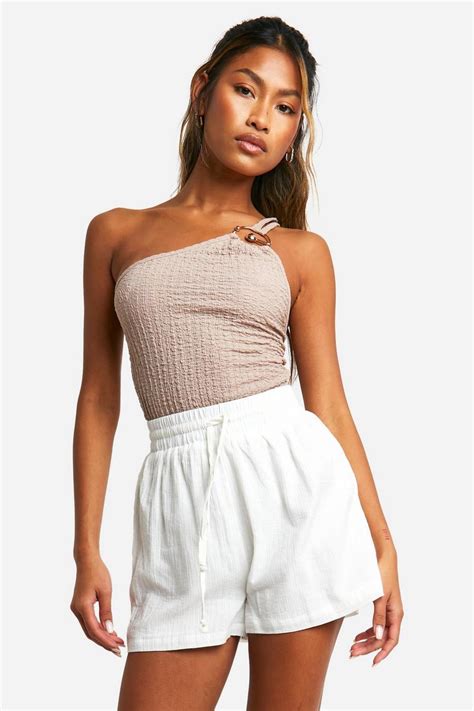 Textured Crinkle One Shoulder Ring Detail Bodysuit Boohoo Usa