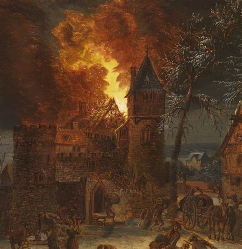 Le Château En Feu Et Lincendie Au Village Attribué à Daniel Van Heil 1604 1662 Xviie