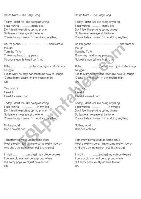 Bruno Mars The Lazy Song ESL Worksheet By Sima Kariem
